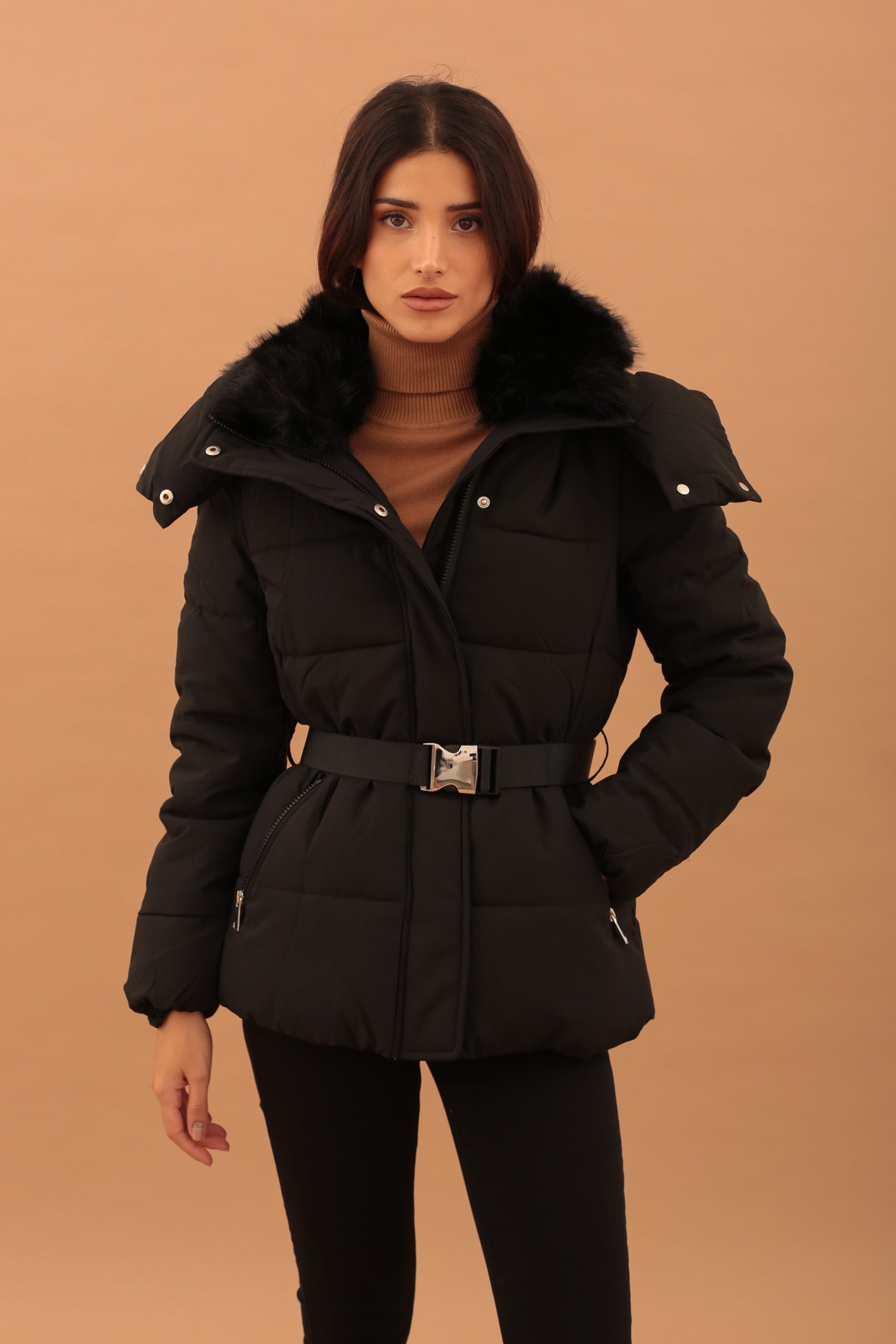 SHORT FAUX FUR PUFF COAT WITH BELT - Conelle